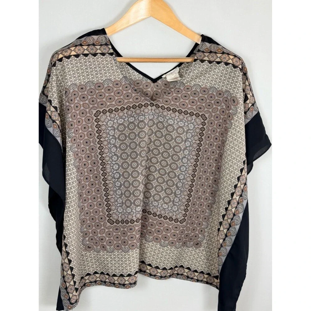 Mystree | Tops | Mystree Sm Sheer Boho Scarf Print Poncho Blouse Earth ...